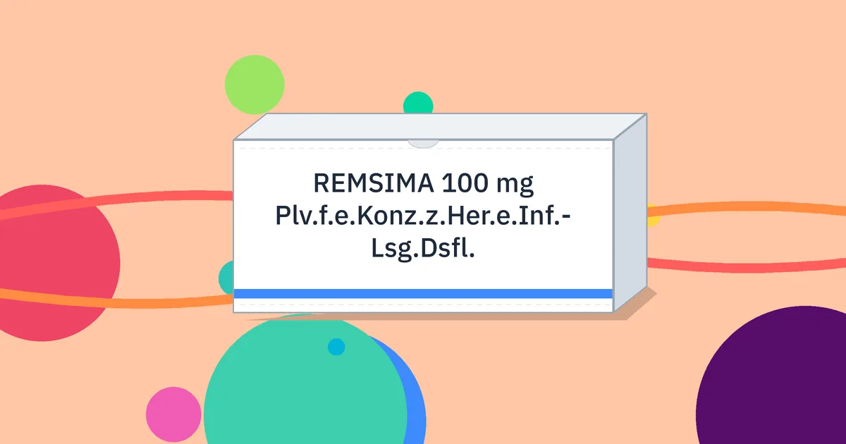 Symbolbild: Packung mit der Aufschrift REMSIMA 100 mg Plv.f.e.Konz.z.Her.e.Inf.-Lsg.Dsfl. (PZN 13169829) – Verfügbarkeit und Bezug in Apotheken in Frankfurt am Main
