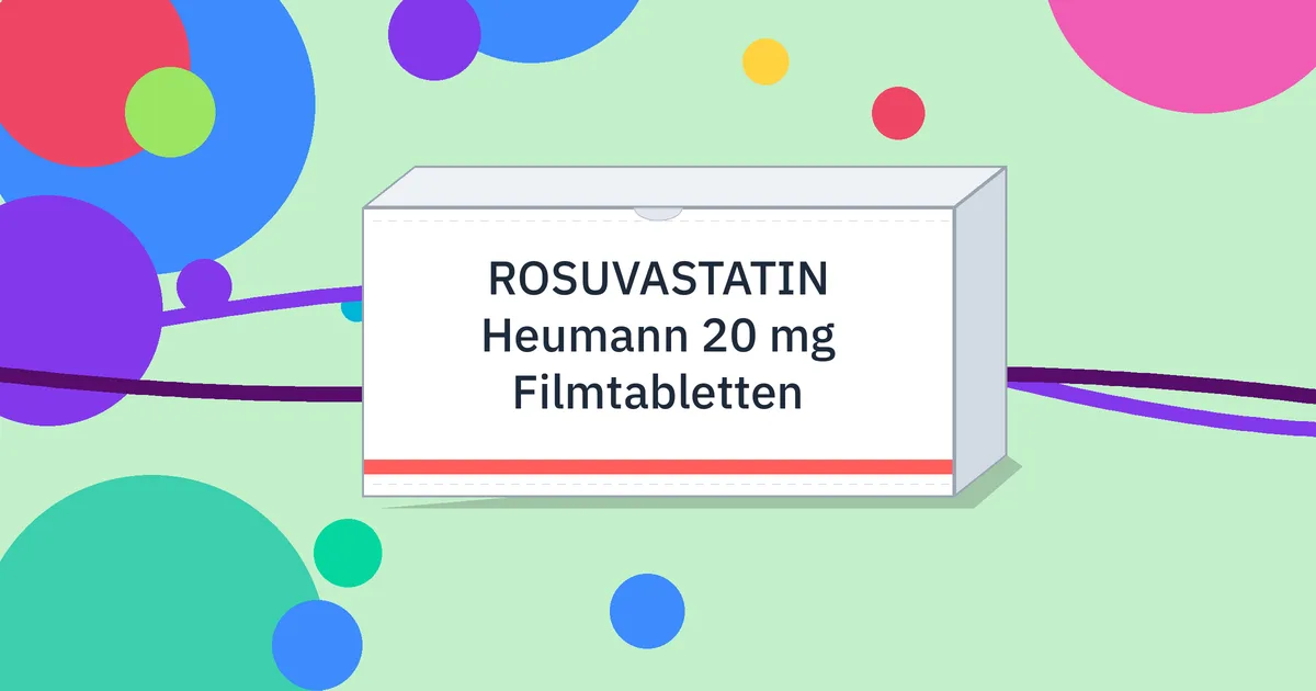 Symbolbild: Packung mit der Aufschrift ROSUVASTATIN Heumann 20 mg Filmtabletten (PZN 12397416) – Verfügbarkeit und Bezug in Apotheken in Frankfurt am Main