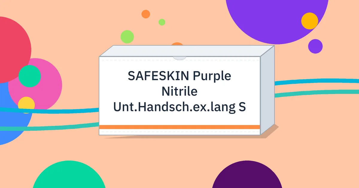 Symbolbild: Packung mit der Aufschrift SAFESKIN Purple Nitrile Unt.Handsch.ex.lang S (PZN 01382050) – Verfügbarkeit und Bezug in Apotheken in Frankfurt am Main