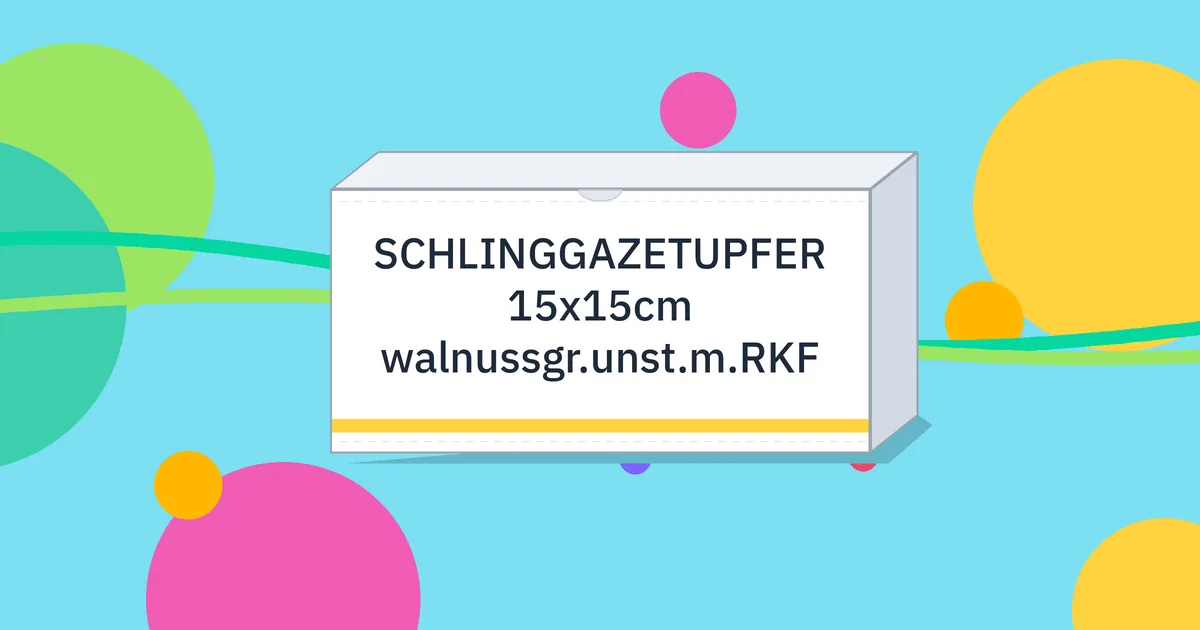 Symbolbild: Packung mit der Aufschrift SCHLINGGAZETUPFER 15x15cm walnussgr.unst.m.RKF (PZN 06953876) – Verfügbarkeit und Bezug in Apotheken in Frankfurt am Main