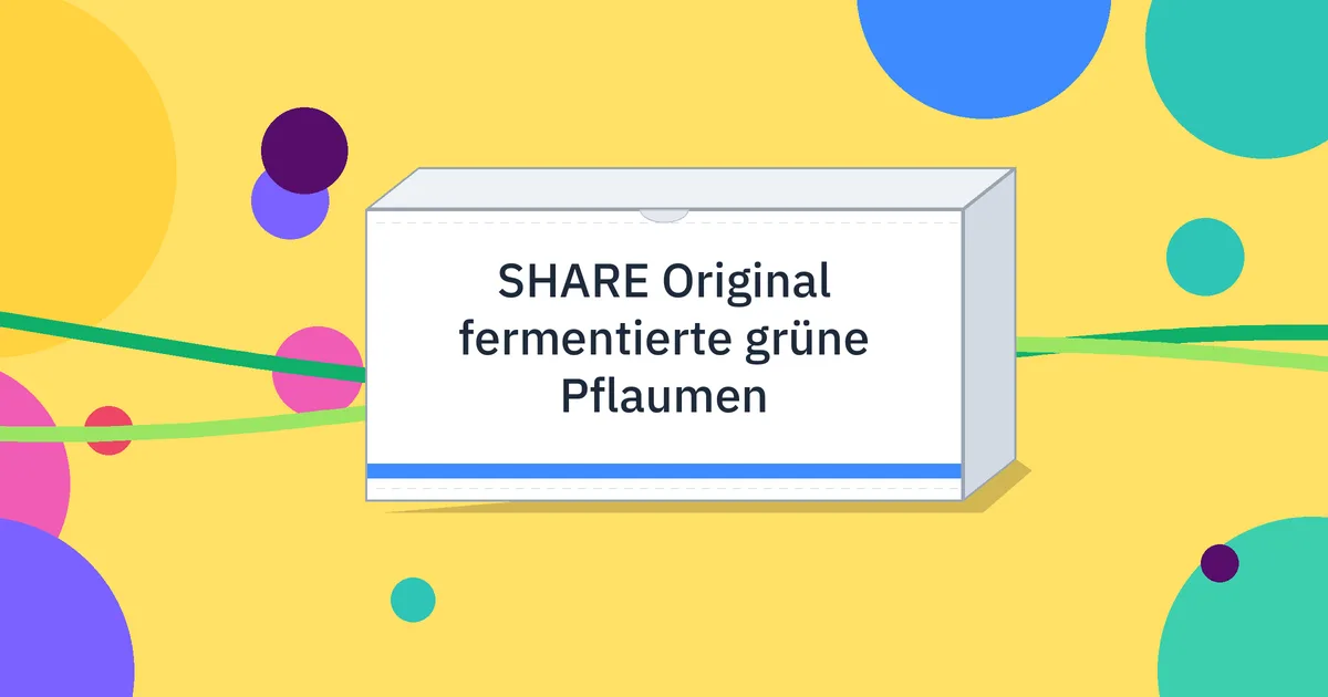Symbolbild: Packung mit der Aufschrift SHARE Original fermentierte grüne Pflaumen (PZN 16911436) – Verfügbarkeit und Bezug in Apotheken in Frankfurt am Main