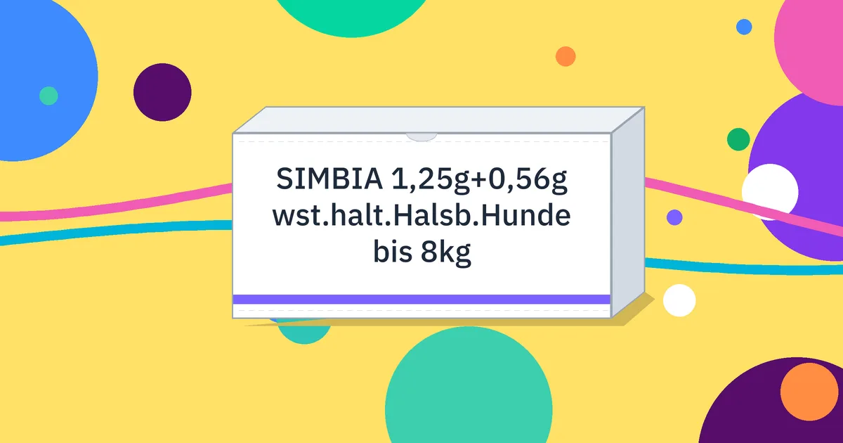 Symbolbild: Packung mit der Aufschrift SIMBIA 1,25g+0,56g wst.halt.Halsb.Hunde bis 8kg (PZN 20640983) – Verfügbarkeit und Bezug in Apotheken in Frankfurt am Main