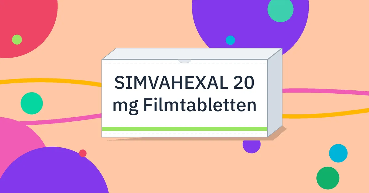 Symbolbild: Packung mit der Aufschrift SIMVAHEXAL 20 mg Filmtabletten (PZN 02846586) – Verfügbarkeit und Bezug in Apotheken in Frankfurt am Main