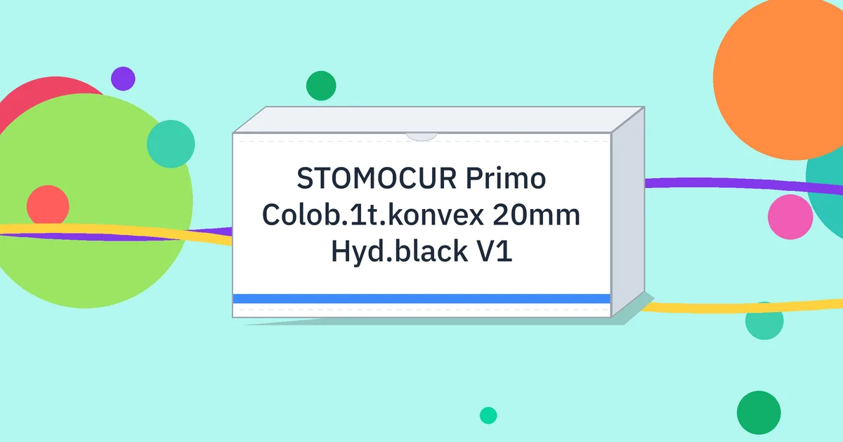 Symbolbild: Packung mit der Aufschrift STOMOCUR Primo Colob.1t.konvex 20mm Hyd.black V1 (PZN 19536772) – Verfügbarkeit und Bezug in Apotheken in Frankfurt am Main