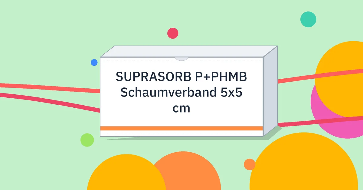 Symbolbild: Packung mit der Aufschrift SUPRASORB P+PHMB Schaumverband 5x5 cm (PZN 18840321) – Verfügbarkeit und Bezug in Apotheken in Frankfurt am Main