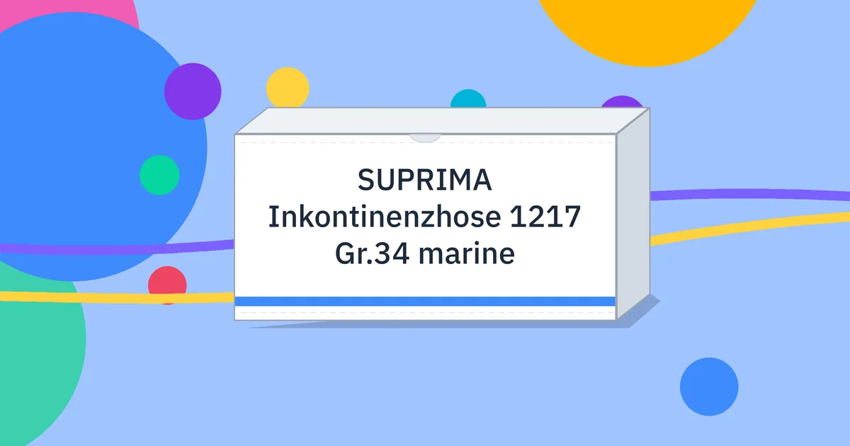 Symbolbild: Packung mit der Aufschrift SUPRIMA Inkontinenzhose 1217 Gr.34 marine (PZN 19174286) – Verfügbarkeit und Bezug in Apotheken in Frankfurt am Main