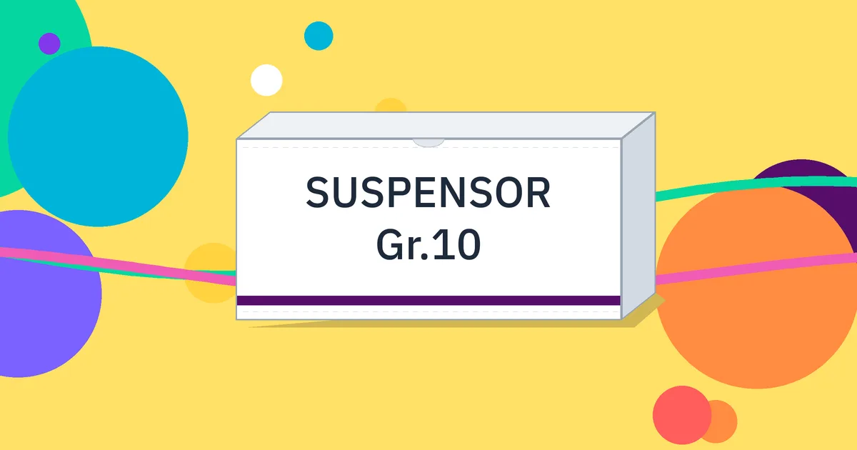 Symbolbild: Packung mit der Aufschrift SUSPENSOR Gr.10 (PZN 02616225) – Verfügbarkeit und Bezug in Apotheken in Frankfurt am Main