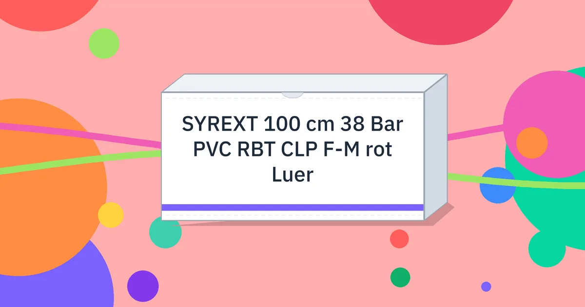 Symbolbild: Packung mit der Aufschrift SYREXT 100 cm 38 Bar PVC RBT CLP F-M rot Luer (PZN 17898761) – Verfügbarkeit und Bezug in Apotheken in Frankfurt am Main