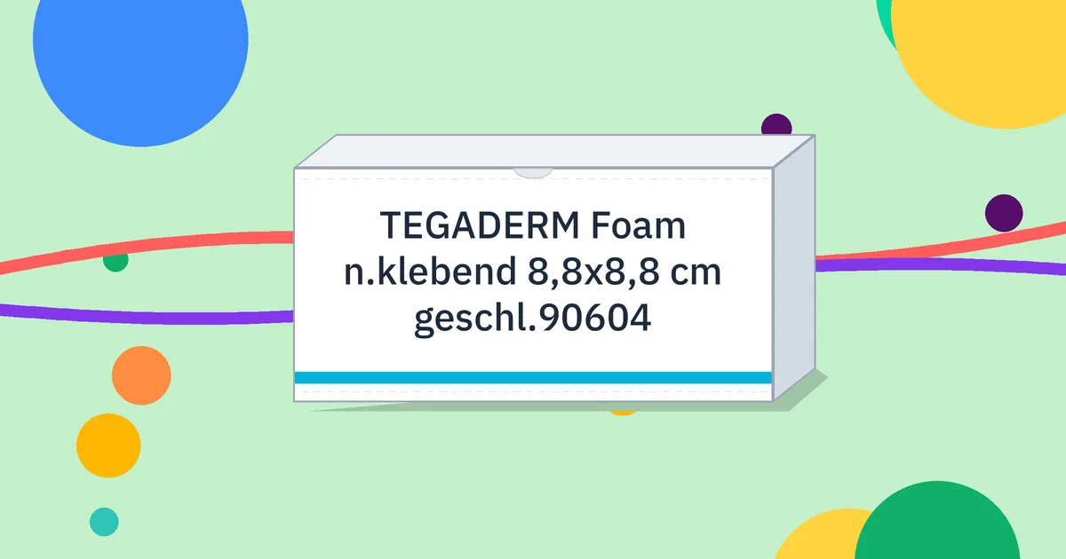 Symbolbild: Packung mit der Aufschrift TEGADERM Foam n.klebend 8,8x8,8 cm geschl.90604 (PZN 16394691) – Verfügbarkeit und Bezug in Apotheken in Frankfurt am Main