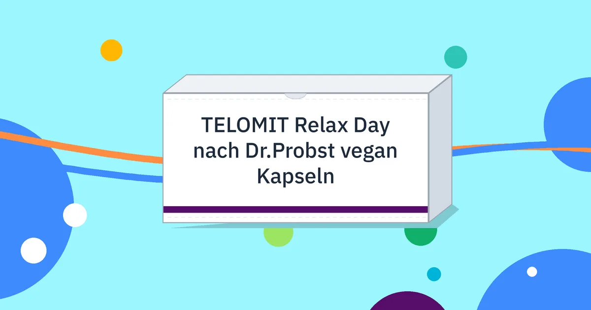Symbolbild: Packung mit der Aufschrift TELOMIT Relax Day nach Dr.Probst vegan Kapseln (PZN 17456342) – Verfügbarkeit und Bezug in Apotheken in Frankfurt am Main