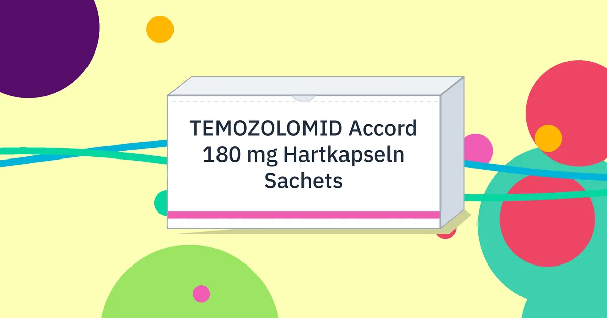 Symbolbild: Packung mit der Aufschrift TEMOZOLOMID Accord 180 mg Hartkapseln Sachets (PZN 16625541) – Verfügbarkeit und Bezug in Apotheken in Frankfurt am Main