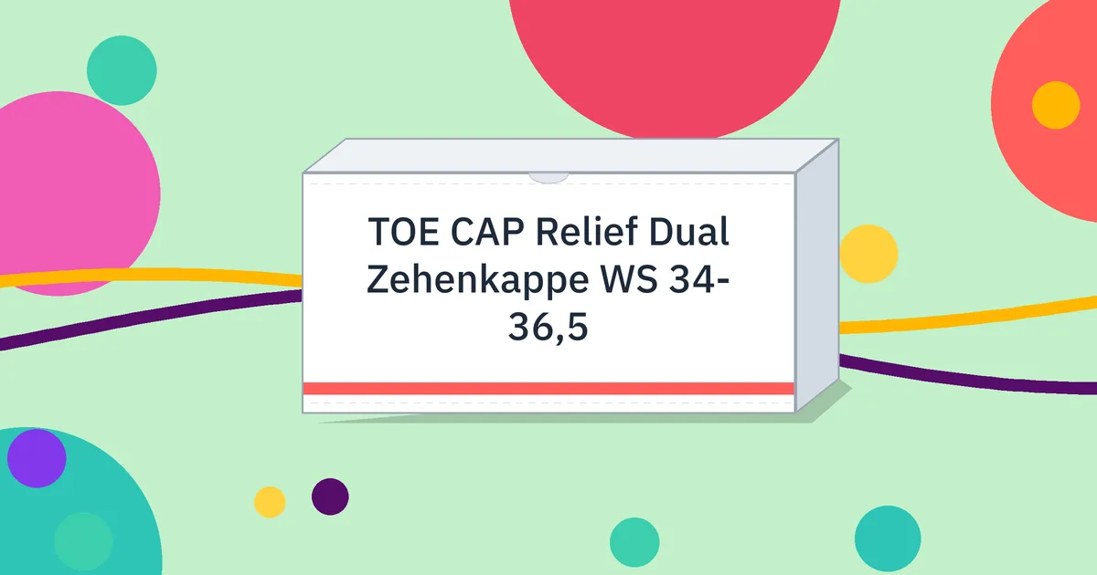 Symbolbild: Packung mit der Aufschrift TOE CAP Relief Dual Zehenkappe WS 34-36,5 (PZN 16631180) – Verfügbarkeit und Bezug in Apotheken in Frankfurt am Main