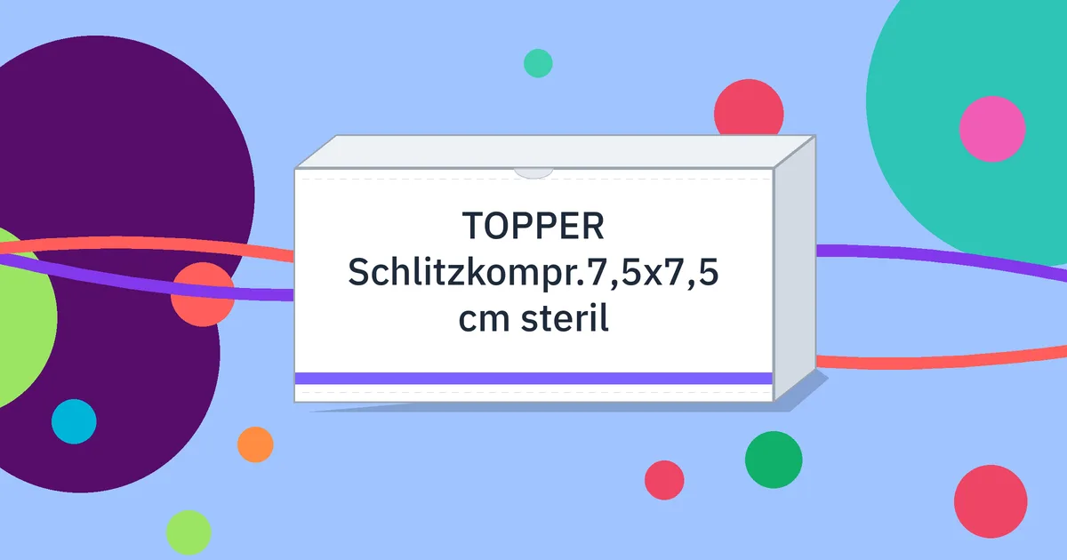 Symbolbild: Packung mit der Aufschrift TOPPER Schlitzkompr.7,5x7,5 cm steril (PZN 04515988) – Verfügbarkeit und Bezug in Apotheken in Frankfurt am Main