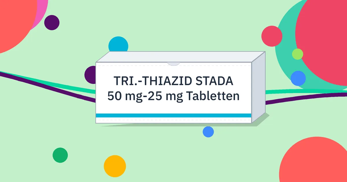 Symbolbild: Packung mit der Aufschrift TRI.-THIAZID STADA 50 mg-25 mg Tabletten (PZN 02003095) – Verfügbarkeit und Bezug in Apotheken in Frankfurt am Main