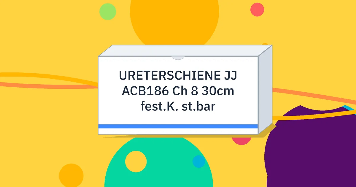 Symbolbild: Packung mit der Aufschrift URETERSCHIENE JJ ACB186 Ch 8 30cm fest.K. st.bar (PZN 00752361) – Verfügbarkeit und Bezug in Apotheken in Frankfurt am Main