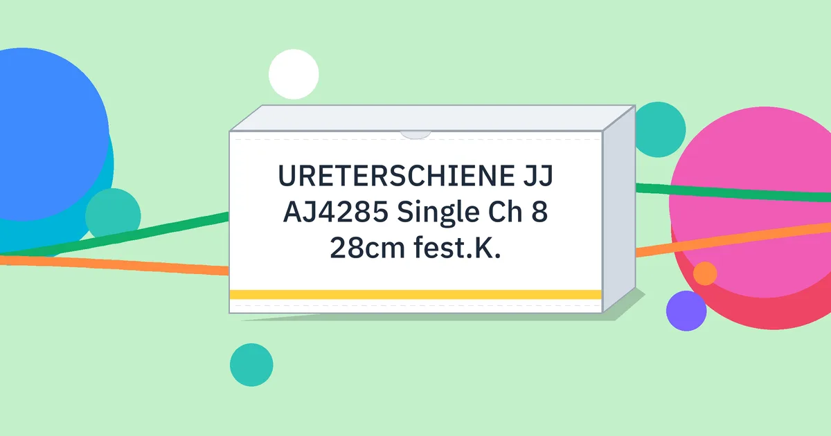 Symbolbild: Packung mit der Aufschrift URETERSCHIENE JJ AJ4285 Single Ch 8 28cm fest.K. (PZN 00753159) – Verfügbarkeit und Bezug in Apotheken in Frankfurt am Main