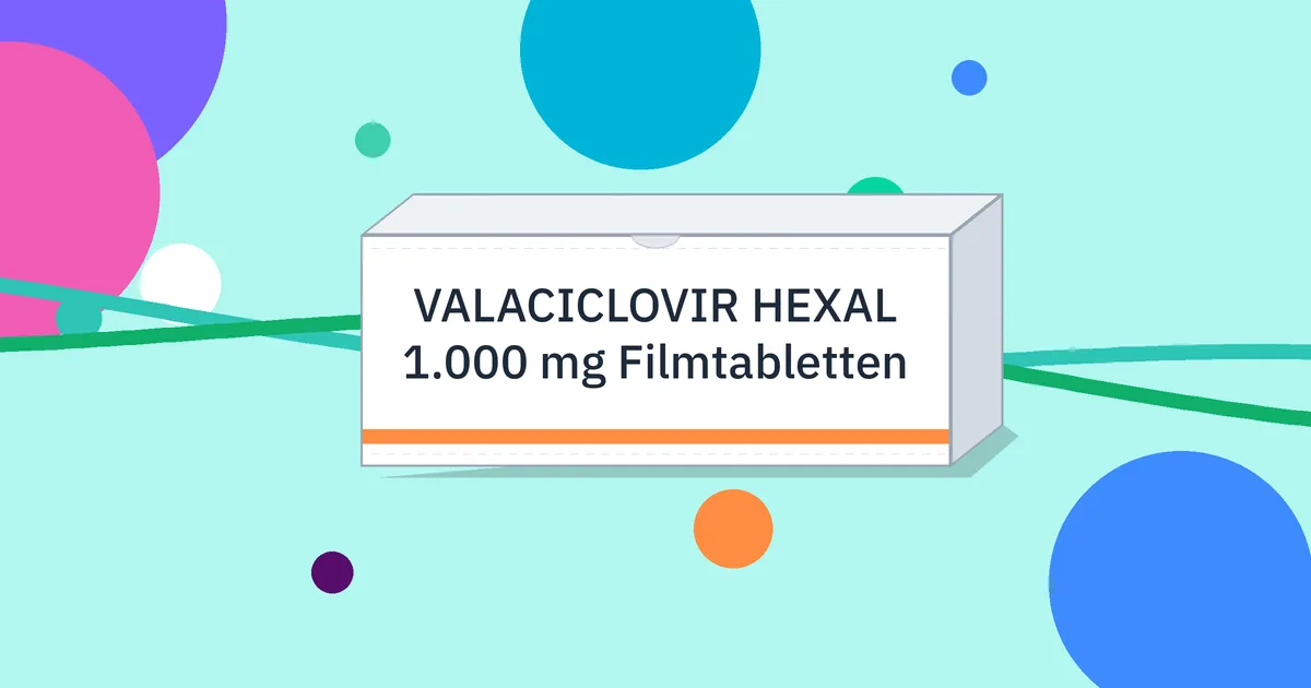 Symbolbild: Packung mit der Aufschrift VALACICLOVIR HEXAL 1.000 mg Filmtabletten (PZN 06499816) – Verfügbarkeit und Bezug in Apotheken in Frankfurt am Main