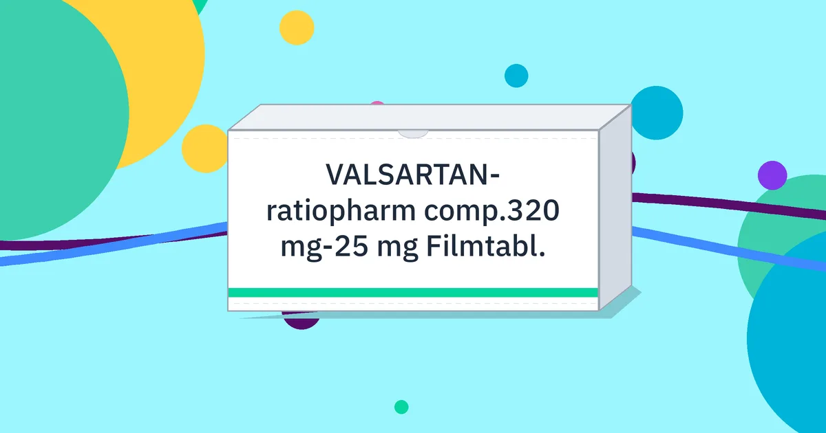 Symbolbild: Packung mit der Aufschrift VALSARTAN-ratiopharm comp.320 mg-25 mg Filmtabl. (PZN 06906842) – Verfügbarkeit und Bezug in Apotheken in Frankfurt am Main
