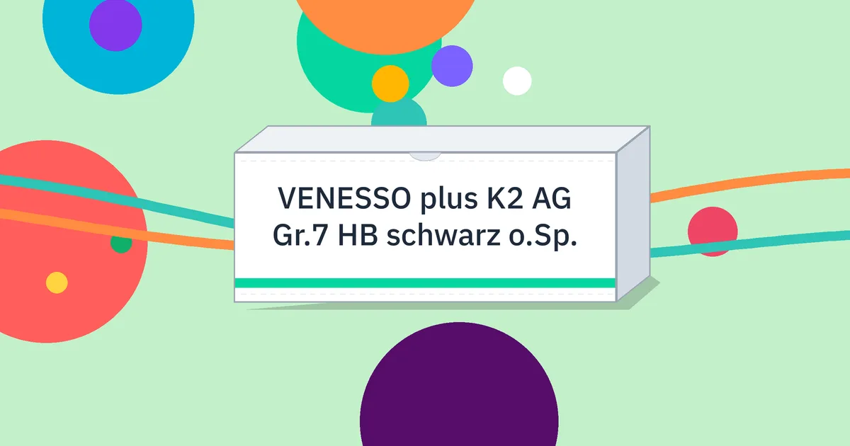 Symbolbild: Packung mit der Aufschrift VENESSO plus K2 AG Gr.7 HB schwarz o.Sp. (PZN 03297466) – Verfügbarkeit und Bezug in Apotheken in Frankfurt am Main