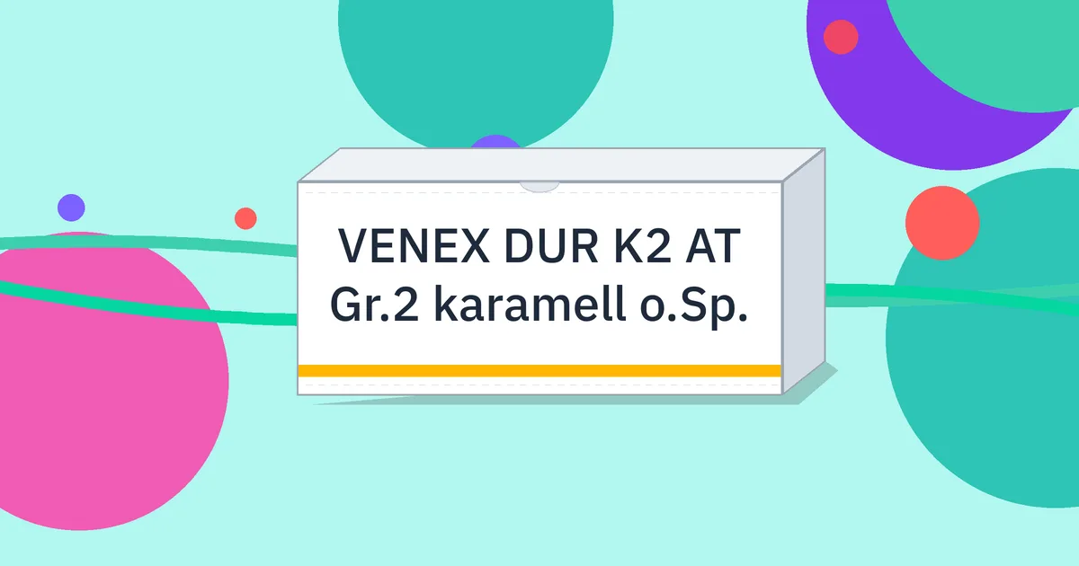 Symbolbild: Packung mit der Aufschrift VENEX DUR K2 AT Gr.2 karamell o.Sp. (PZN 13757963) – Verfügbarkeit und Bezug in Apotheken in Frankfurt am Main
