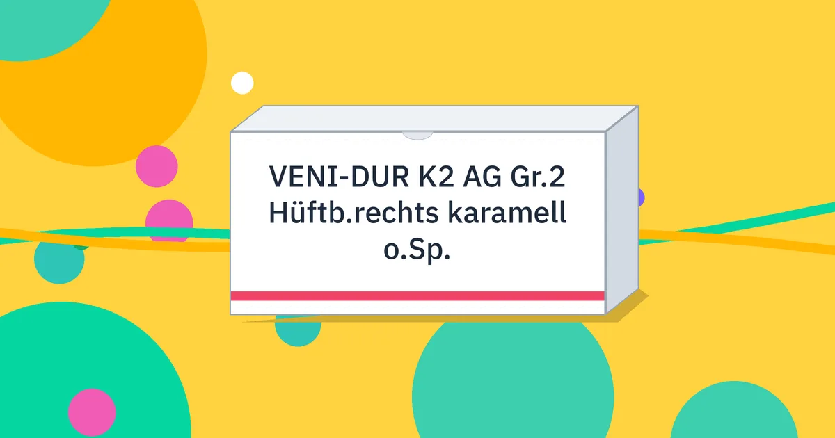 Symbolbild: Packung mit der Aufschrift VENI-DUR K2 AG Gr.2 Hüftb.rechts karamell o.Sp. (PZN 13760439) – Verfügbarkeit und Bezug in Apotheken in Frankfurt am Main
