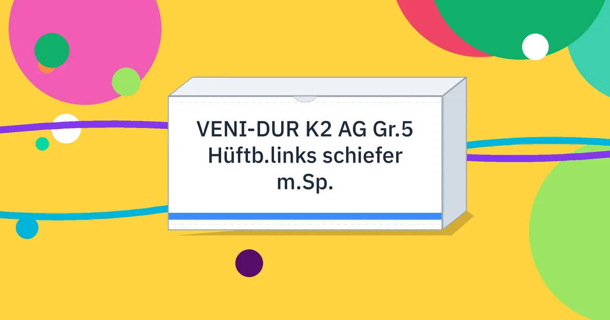 Symbolbild: Packung mit der Aufschrift VENI-DUR K2 AG Gr.5 Hüftb.links schiefer m.Sp. (PZN 03249415) – Verfügbarkeit und Bezug in Apotheken in Frankfurt am Main