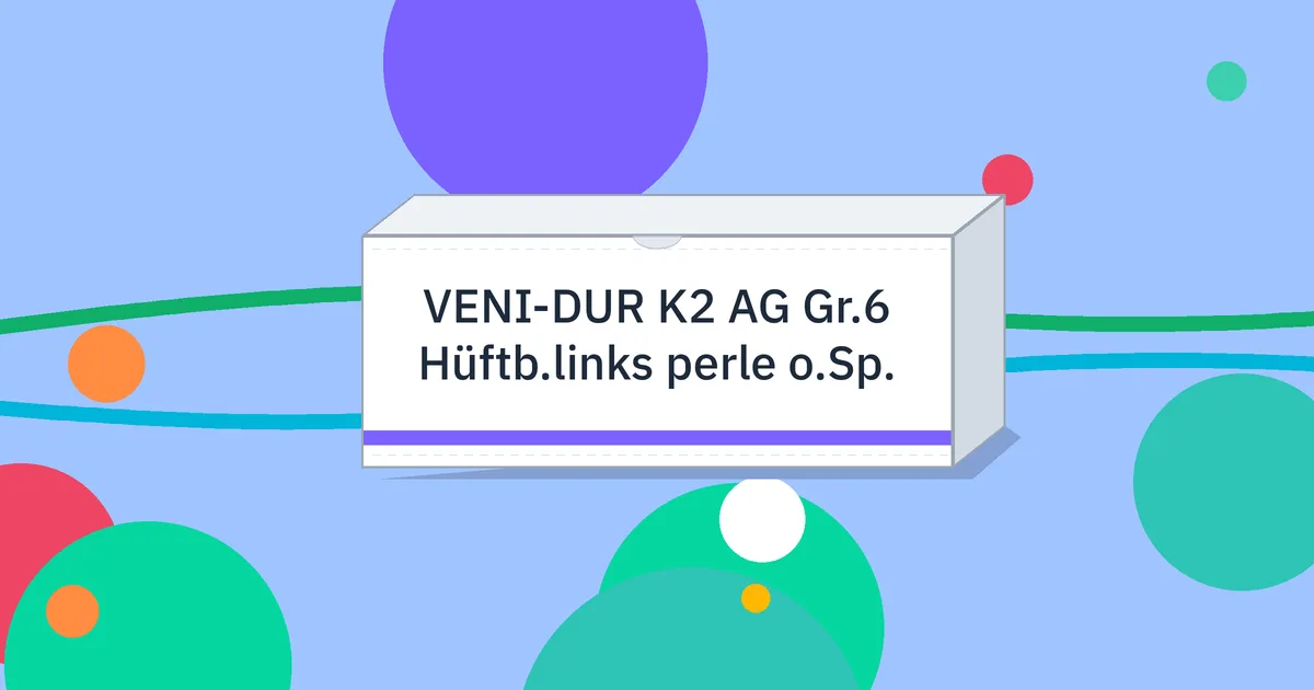 Symbolbild: Packung mit der Aufschrift VENI-DUR K2 AG Gr.6 Hüftb.links perle o.Sp. (PZN 03252009) – Verfügbarkeit und Bezug in Apotheken in Frankfurt am Main