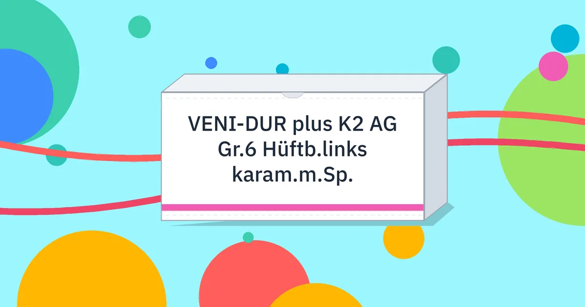 Symbolbild: Packung mit der Aufschrift VENI-DUR plus K2 AG Gr.6 Hüftb.links karam.m.Sp. (PZN 13760770) – Verfügbarkeit und Bezug in Apotheken in Frankfurt am Main