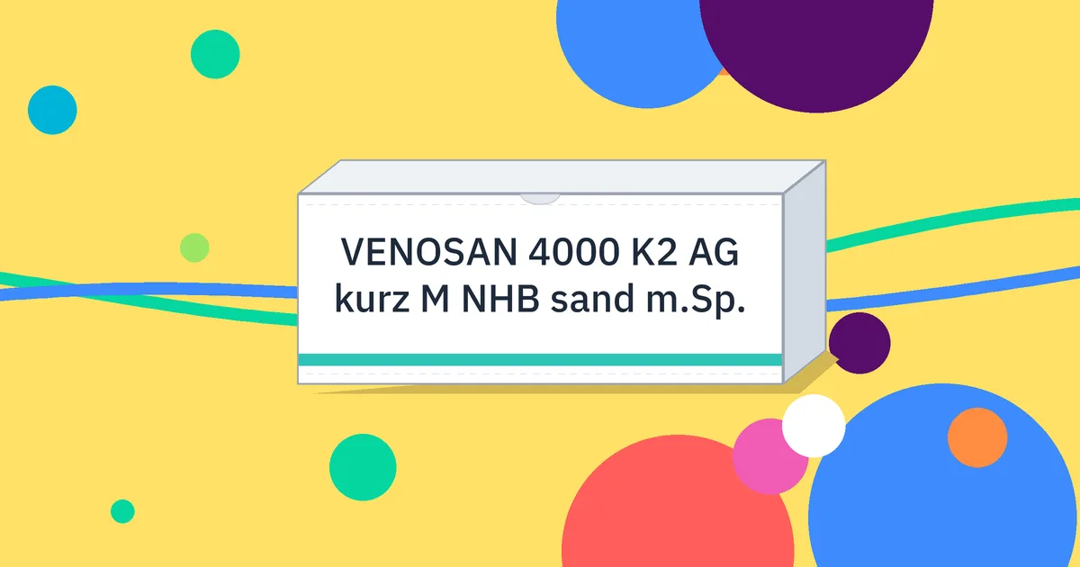 Symbolbild: Packung mit der Aufschrift VENOSAN 4000 K2 AG kurz M NHB sand m.Sp. (PZN 14422868) – Verfügbarkeit und Bezug in Apotheken in Frankfurt am Main