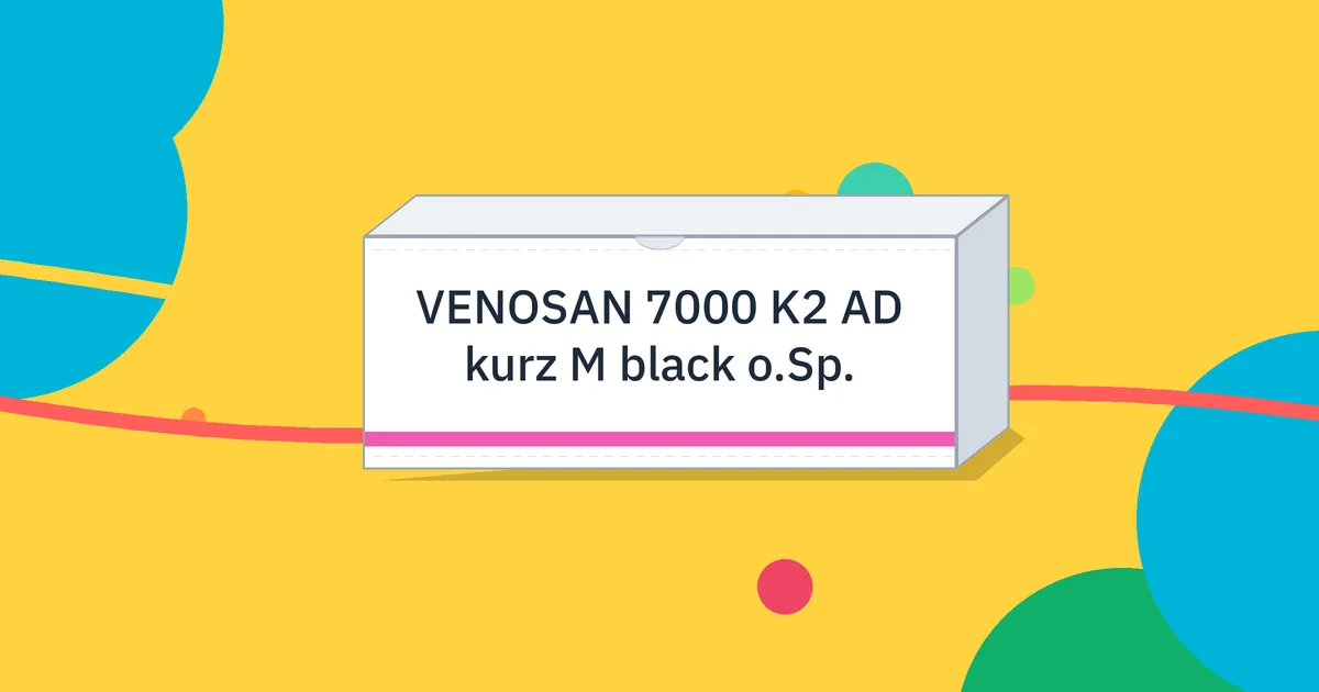 Symbolbild: Packung mit der Aufschrift VENOSAN 7000 K2 AD kurz M black o.Sp. (PZN 14435612) – Verfügbarkeit und Bezug in Apotheken in Frankfurt am Main
