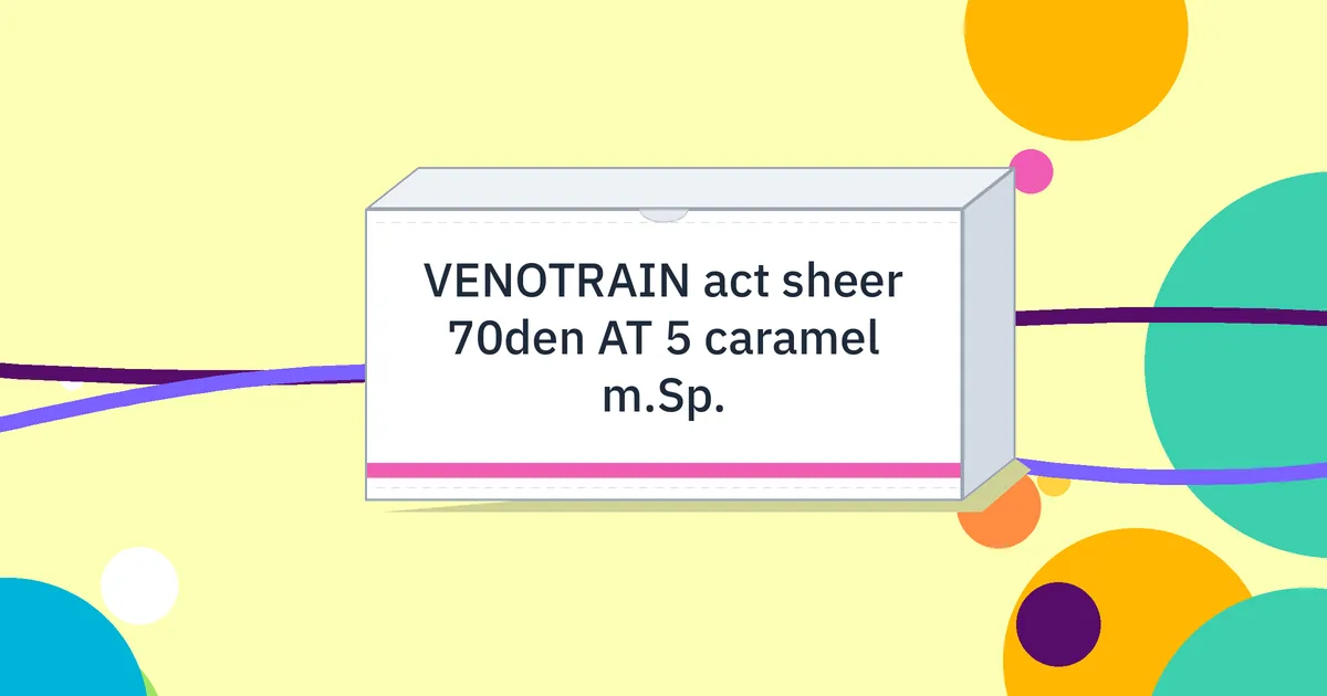 Symbolbild: Packung mit der Aufschrift VENOTRAIN act sheer 70den AT 5 caramel m.Sp. (PZN 16206620) – Verfügbarkeit und Bezug in Apotheken in Frankfurt am Main