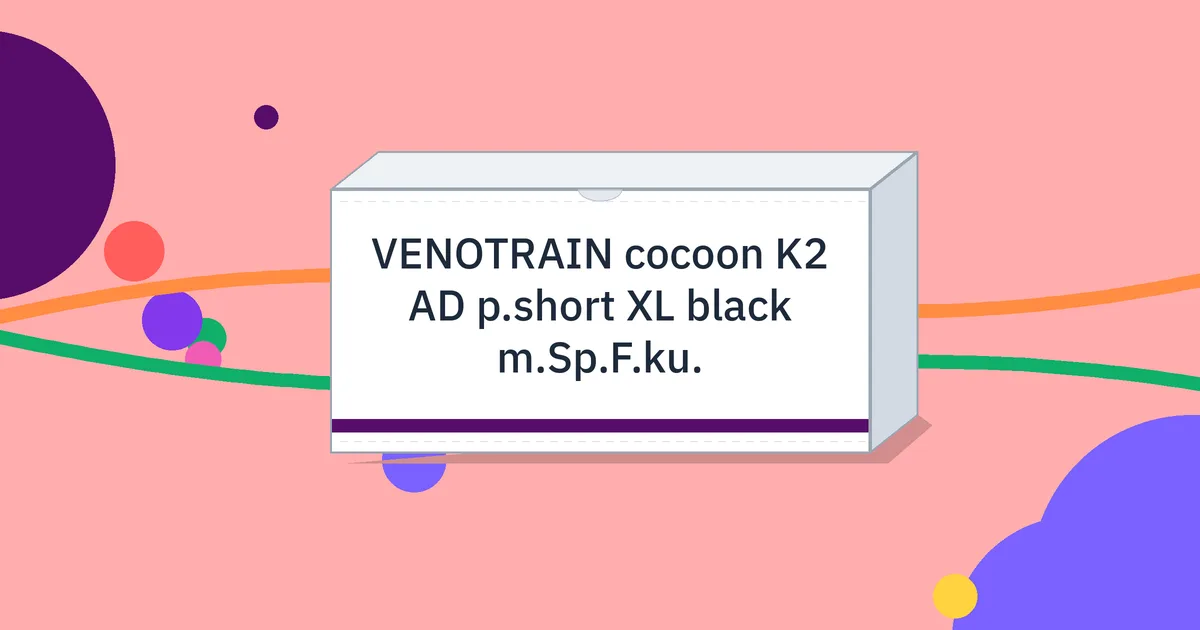 Symbolbild: Packung mit der Aufschrift VENOTRAIN cocoon K2 AD p.short XL black m.Sp.F.ku. (PZN 14401783) – Verfügbarkeit und Bezug in Apotheken in Frankfurt am Main