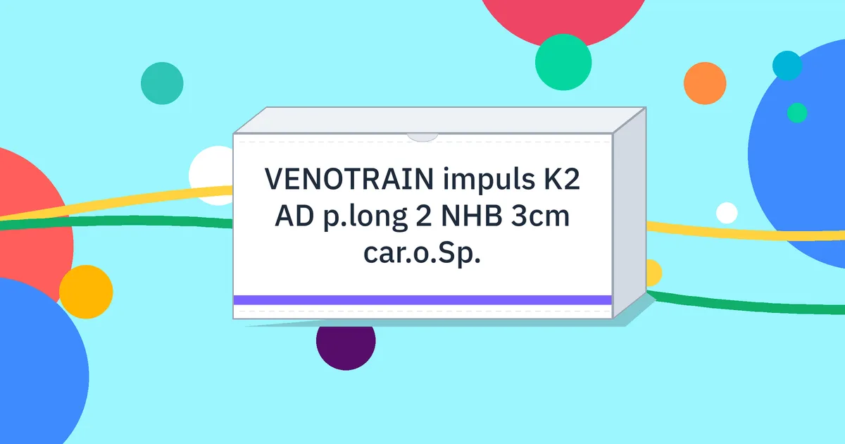 Symbolbild: Packung mit der Aufschrift VENOTRAIN impuls K2 AD p.long 2 NHB 3cm car.o.Sp. (PZN 08434011) – Verfügbarkeit und Bezug in Apotheken in Frankfurt am Main