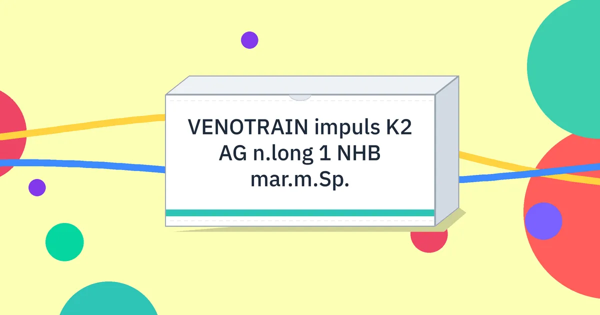 Symbolbild: Packung mit der Aufschrift VENOTRAIN impuls K2 AG n.long 1 NHB mar.m.Sp. (PZN 15214066) – Verfügbarkeit und Bezug in Apotheken in Frankfurt am Main