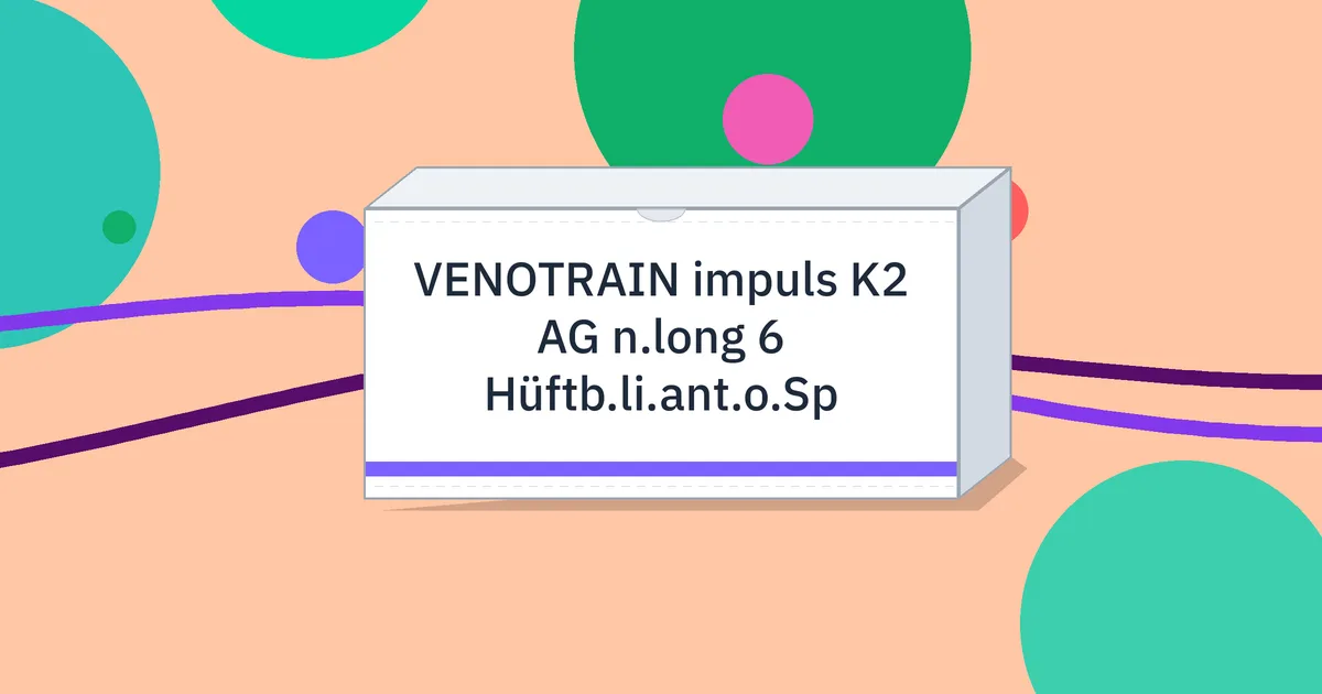 Symbolbild: Packung mit der Aufschrift VENOTRAIN impuls K2 AG n.long 6 Hüftb.li.ant.o.Sp (PZN 15219738) – Verfügbarkeit und Bezug in Apotheken in Frankfurt am Main