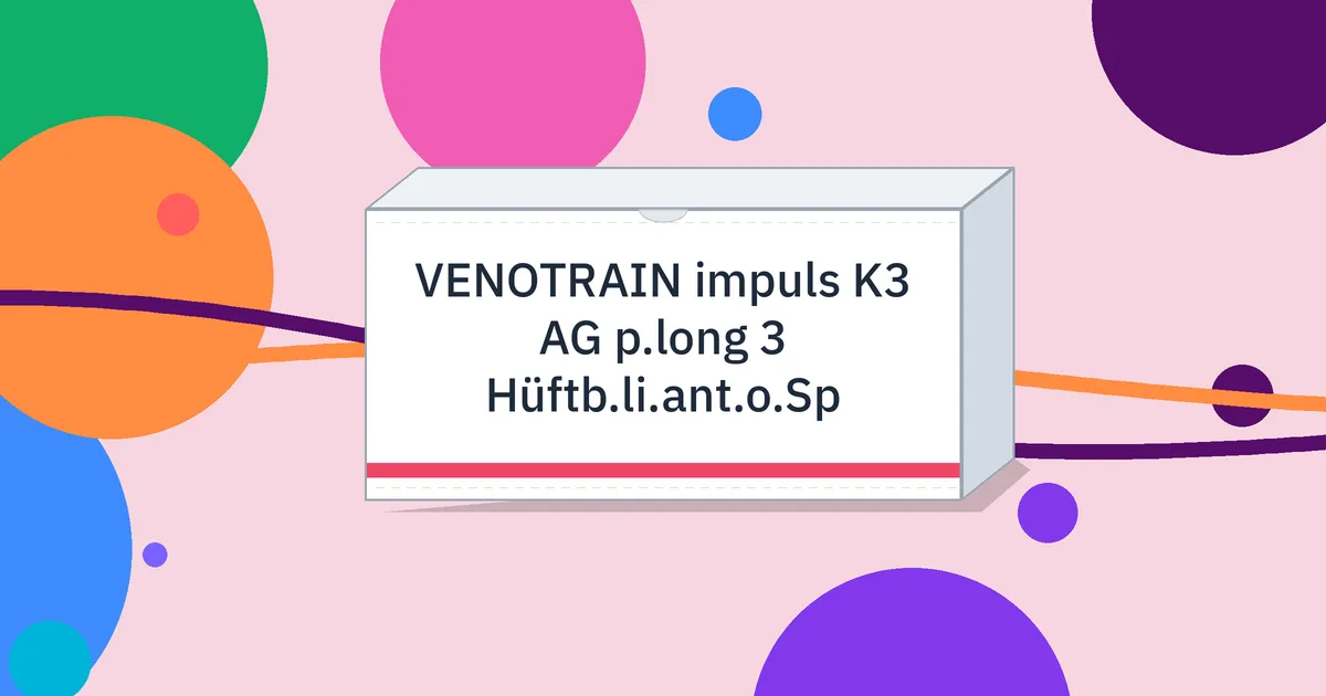 Symbolbild: Packung mit der Aufschrift VENOTRAIN impuls K3 AG p.long 3 Hüftb.li.ant.o.Sp (PZN 15220983) – Verfügbarkeit und Bezug in Apotheken in Frankfurt am Main