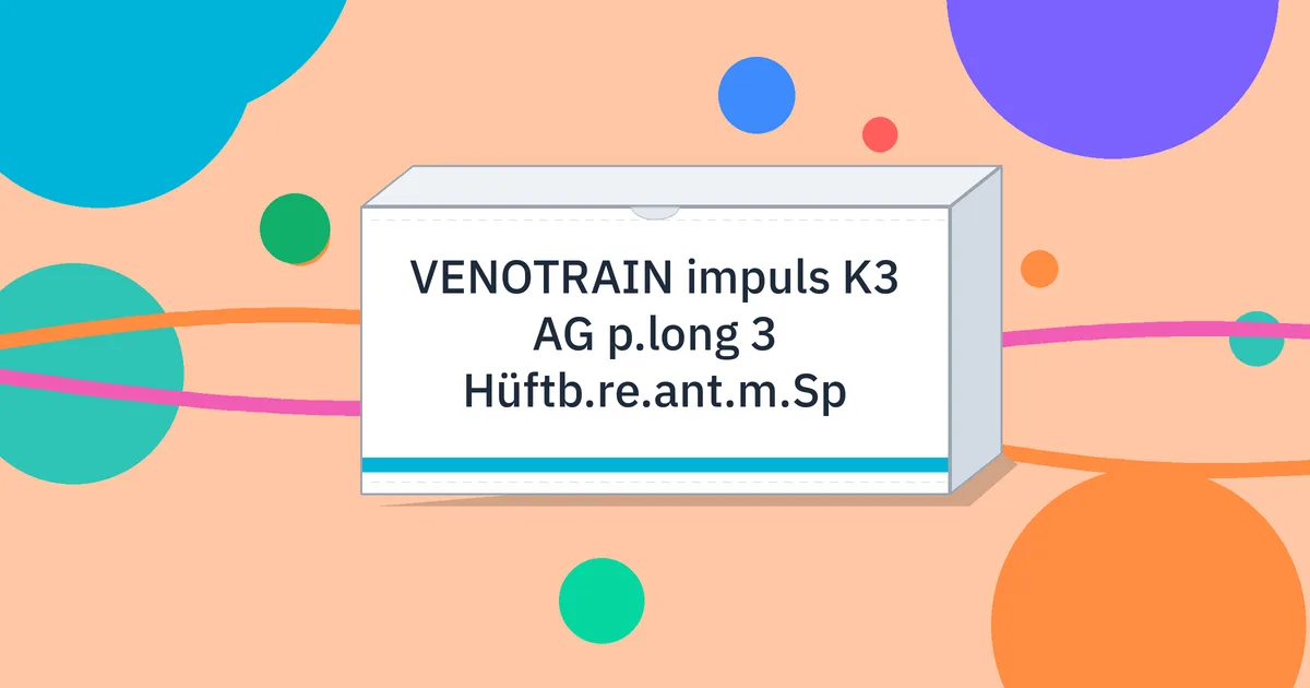 Symbolbild: Packung mit der Aufschrift VENOTRAIN impuls K3 AG p.long 3 Hüftb.re.ant.m.Sp (PZN 15218348) – Verfügbarkeit und Bezug in Apotheken in Frankfurt am Main
