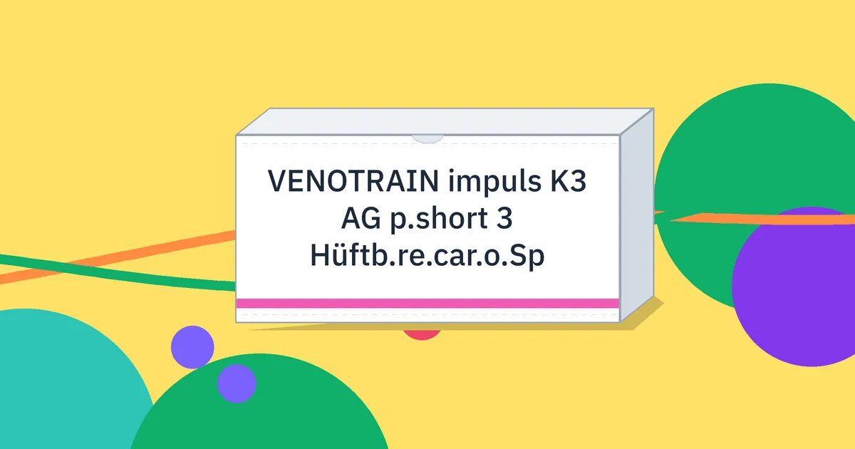 Symbolbild: Packung mit der Aufschrift VENOTRAIN impuls K3 AG p.short 3 Hüftb.re.car.o.Sp (PZN 08422930) – Verfügbarkeit und Bezug in Apotheken in Frankfurt am Main