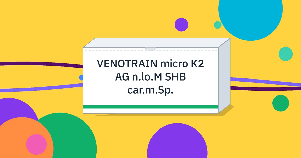 Symbolbild: Packung mit der Aufschrift VENOTRAIN micro K2 AG n.lo.M SHB car.m.Sp. (PZN 00416663) – Verfügbarkeit und Bezug in Apotheken in Frankfurt am Main
