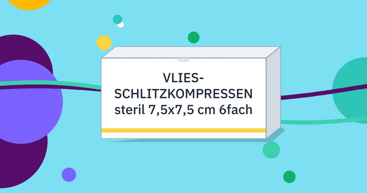 Symbolbild: Packung mit der Aufschrift VLIES-SCHLITZKOMPRESSEN steril 7,5x7,5 cm 6fach (PZN 01280160) – Verfügbarkeit und Bezug in Apotheken in Frankfurt am Main