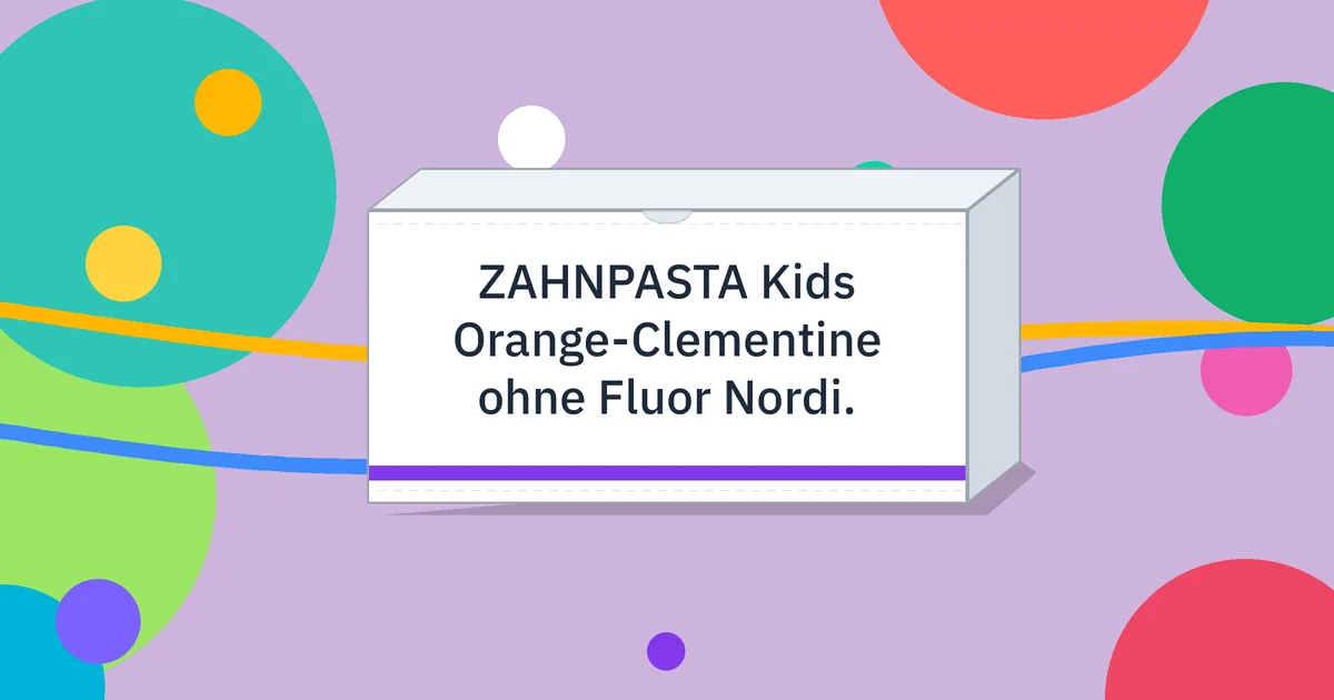 Symbolbild: Packung mit der Aufschrift ZAHNPASTA Kids Orange-Clementine ohne Fluor Nordi. (PZN 16677041) – Verfügbarkeit und Bezug in Apotheken in Frankfurt am Main