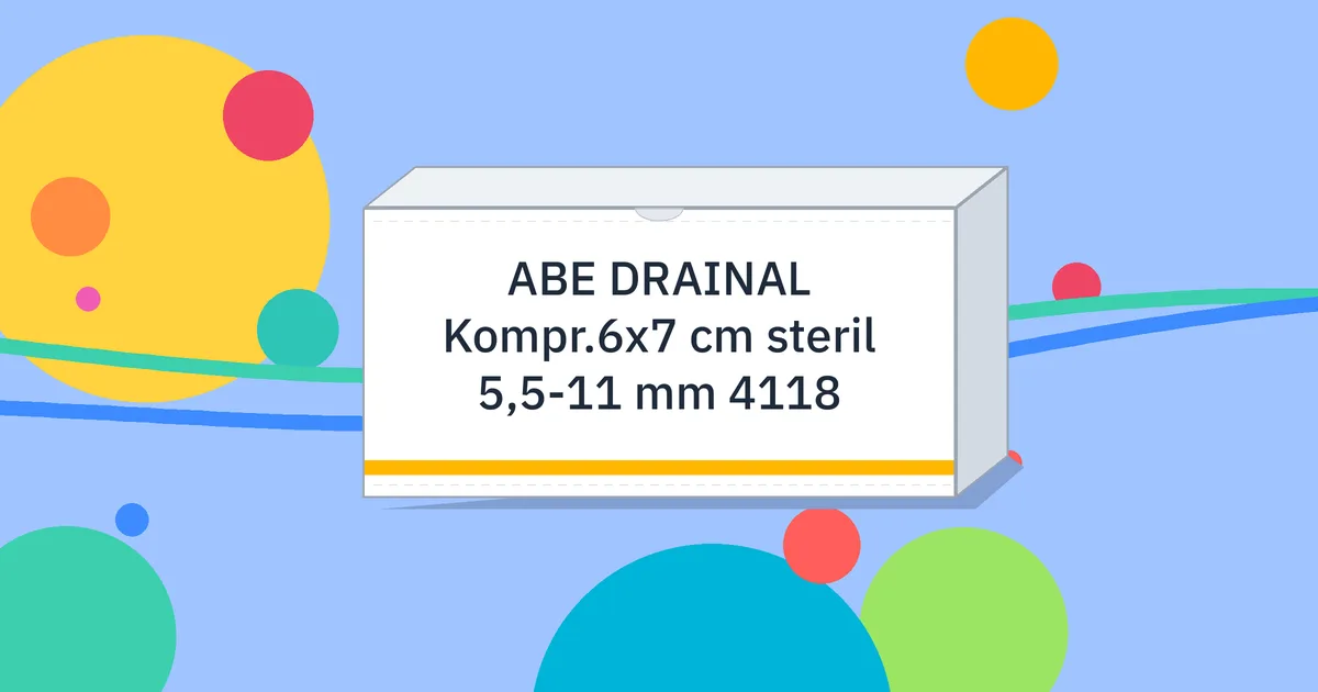 Symbolbild: Packung mit der Aufschrift ABE DRAINAL Kompr.6x7 cm steril 5,5-11 mm 4118 (PZN 01333867) – Verfügbarkeit und Bezug in Apotheken in Frankfurt am Main