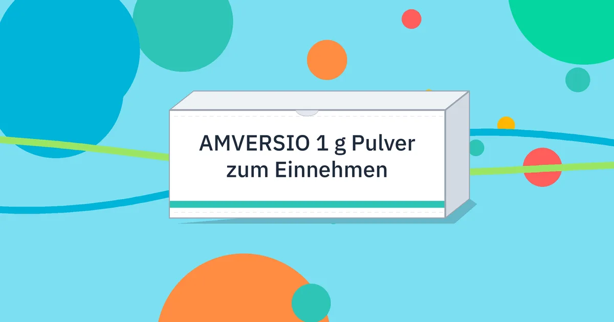 Symbolbild: Packung mit der Aufschrift AMVERSIO 1 g Pulver zum Einnehmen (PZN 19272468) – Verfügbarkeit und Bezug in Apotheken in Frankfurt am Main