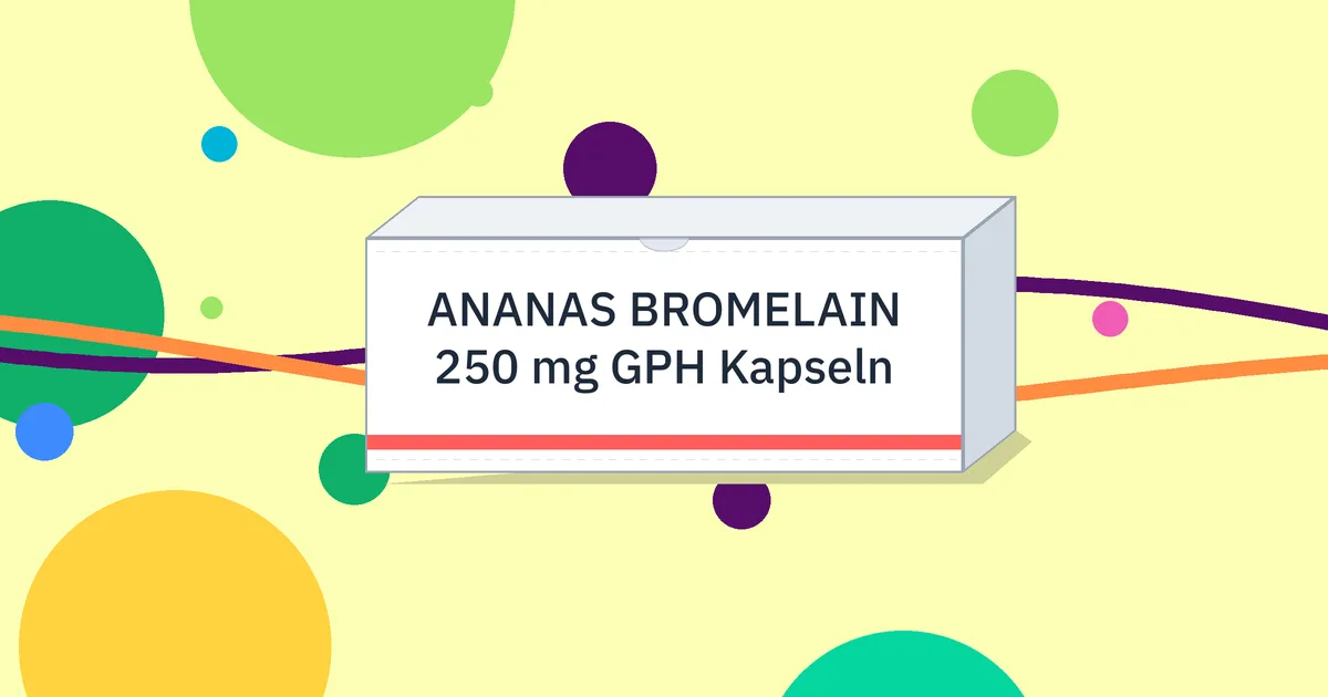Symbolbild: Packung mit der Aufschrift ANANAS BROMELAIN 250 mg GPH Kapseln (PZN 02565025) – Verfügbarkeit und Bezug in Apotheken in Frankfurt am Main