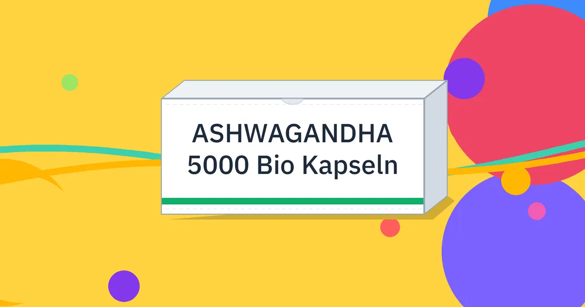 Symbolbild: Packung mit der Aufschrift ASHWAGANDHA 5000 Bio Kapseln (PZN 15879647) – Verfügbarkeit und Bezug in Apotheken in Frankfurt am Main