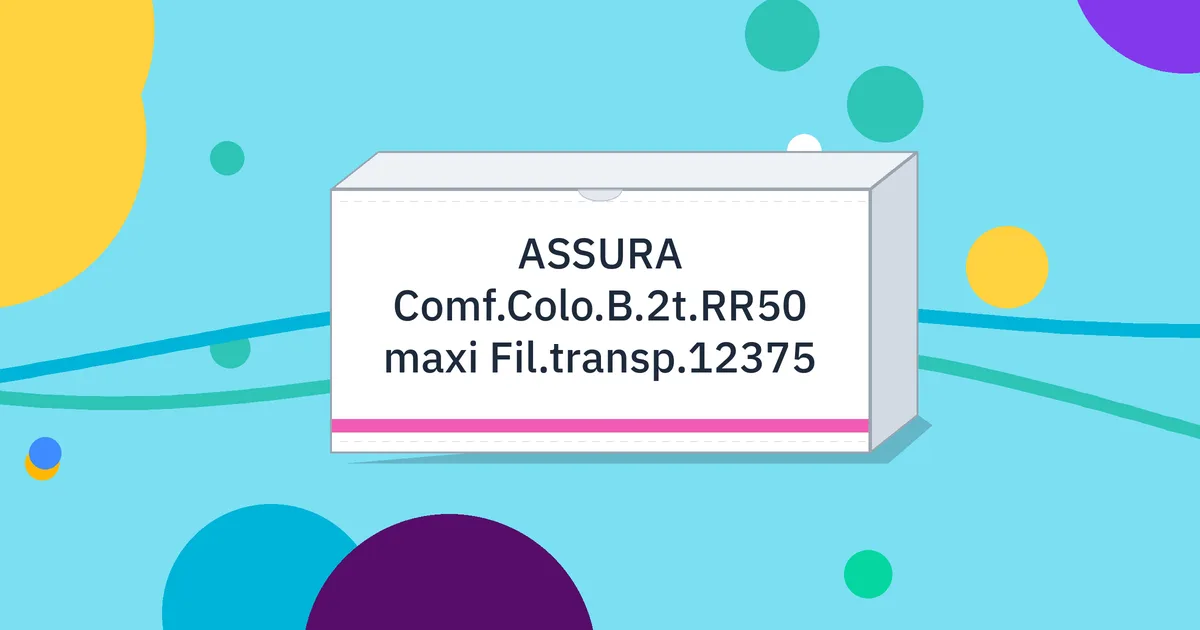 Symbolbild: Packung mit der Aufschrift ASSURA Comf.Colo.B.2t.RR50 maxi Fil.transp.12375 (PZN 00742150) – Verfügbarkeit und Bezug in Apotheken in Frankfurt am Main