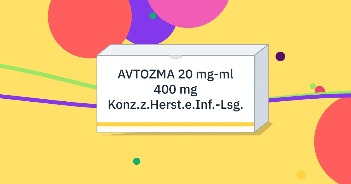 Symbolbild: Packung mit der Aufschrift AVTOZMA 20 mg-ml 400 mg Konz.z.Herst.e.Inf.-Lsg. (PZN 19499806) – Verfügbarkeit und Bezug in Apotheken in Frankfurt am Main