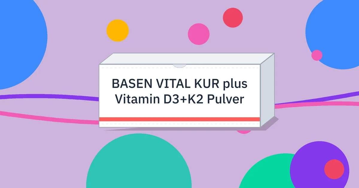 Symbolbild: Packung mit der Aufschrift BASEN VITAL KUR plus Vitamin D3+K2 Pulver (PZN 14338665) – Verfügbarkeit und Bezug in Apotheken in Frankfurt am Main