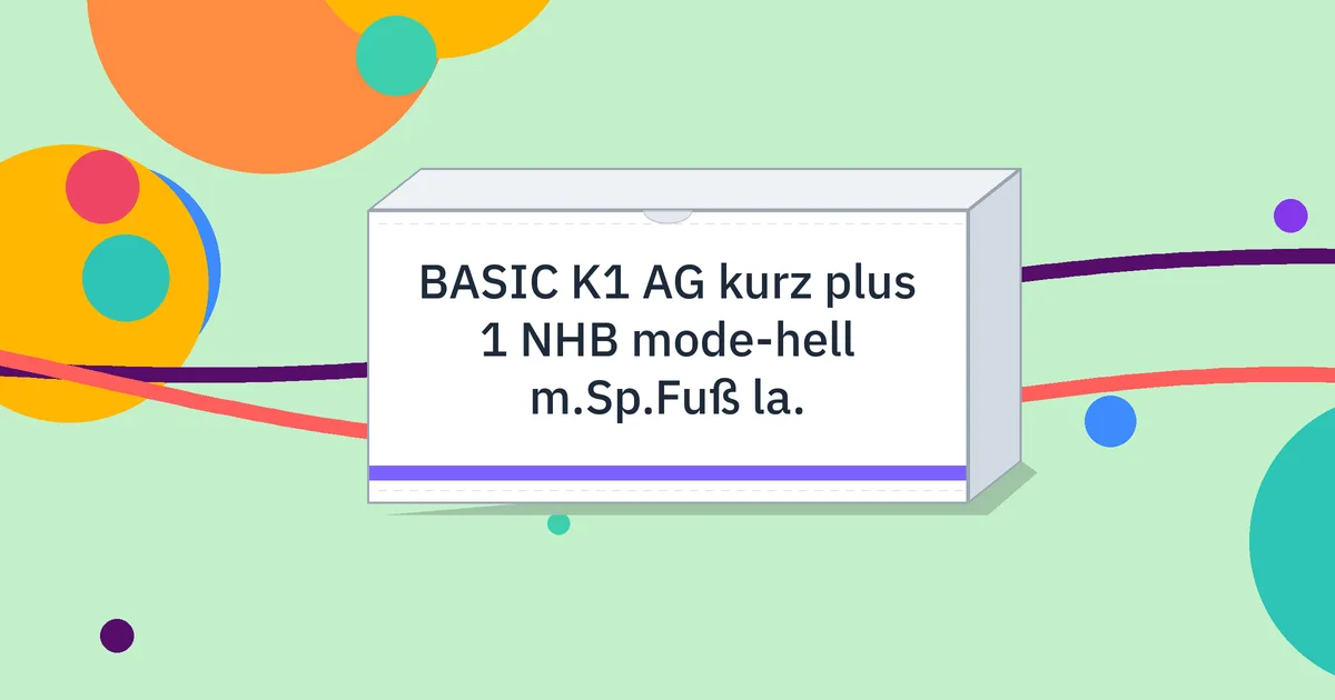 Symbolbild: Packung mit der Aufschrift BASIC K1 AG kurz plus 1 NHB mode-hell m.Sp.Fuß la. (PZN 20259734) – Verfügbarkeit und Bezug in Apotheken in Frankfurt am Main