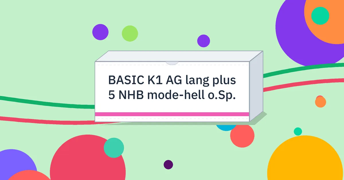 Symbolbild: Packung mit der Aufschrift BASIC K1 AG lang plus 5 NHB mode-hell o.Sp. (PZN 20261406) – Verfügbarkeit und Bezug in Apotheken in Frankfurt am Main